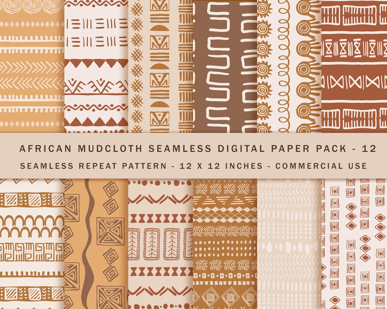 12 Boho Doodle Digital Paper Pack, African, Tribal, Mud Cloth Seamless ...