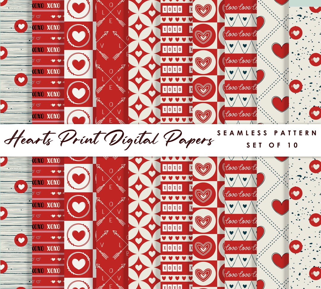 10 Valentine Hearts Seamless Digital Paper Pack, Scrapbook Paper, Heart ...