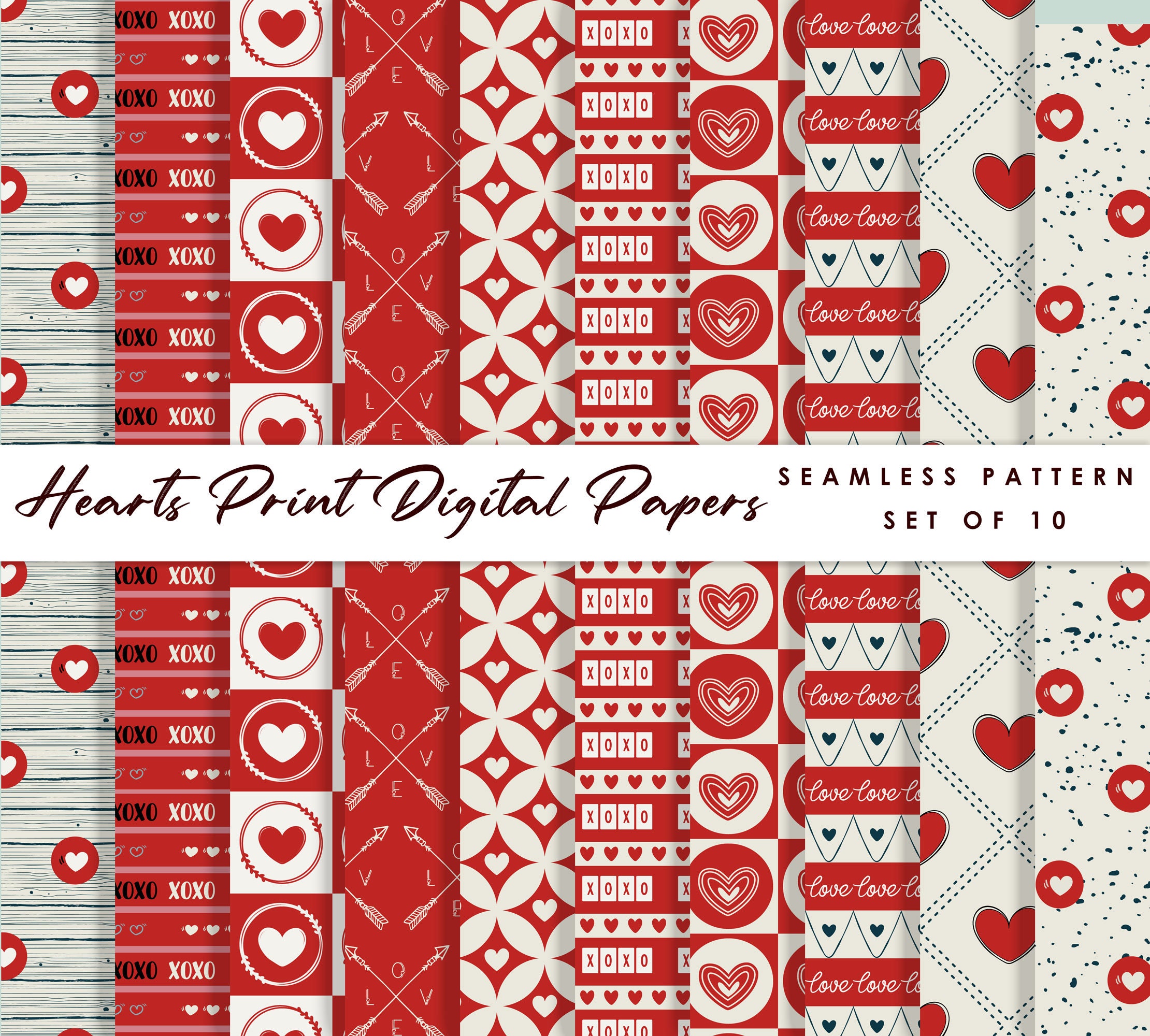 10 Valentine Hearts Seamless Digital Paper Pack, Scrapbook Paper, Heart ...