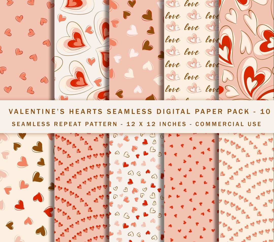 10 Valentine Hearts Seamless Digital Paper Pack, Scrapbook Paper, Heart ...