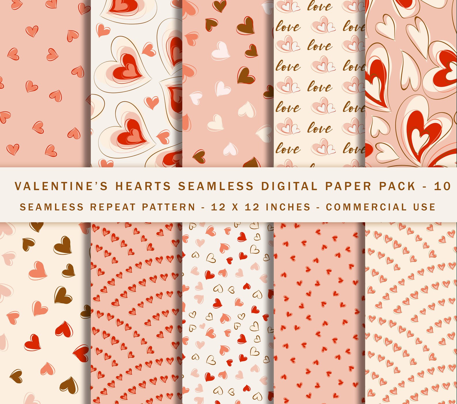 10 Valentine Hearts Seamless Digital Paper Pack, Scrapbook Paper, Heart ...