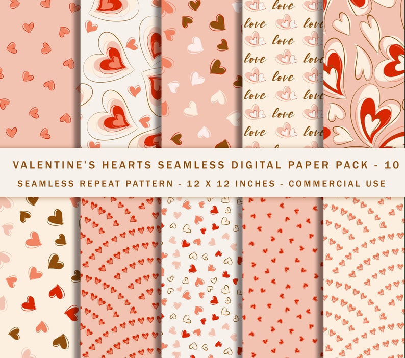 10 Valentine Hearts Seamless Digital Paper Pack, Scrapbook Paper, Heart ...