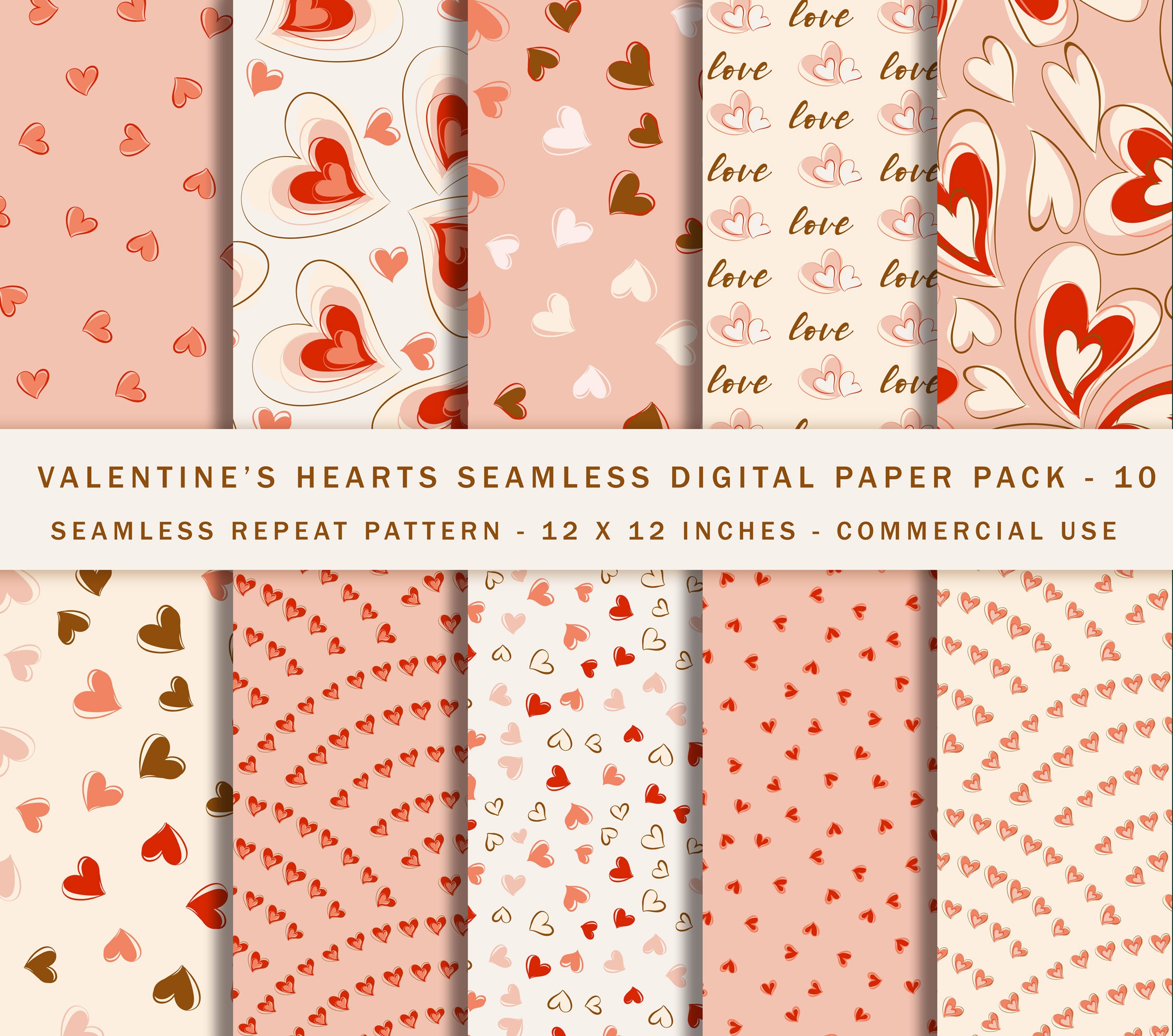 10 Valentine Hearts Seamless Digital Paper Pack, Scrapbook Paper, Heart ...