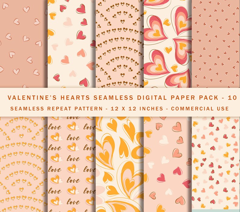 10 Valentine Hearts Seamless Digital Paper Pack, Scrapbook Paper, Heart ...