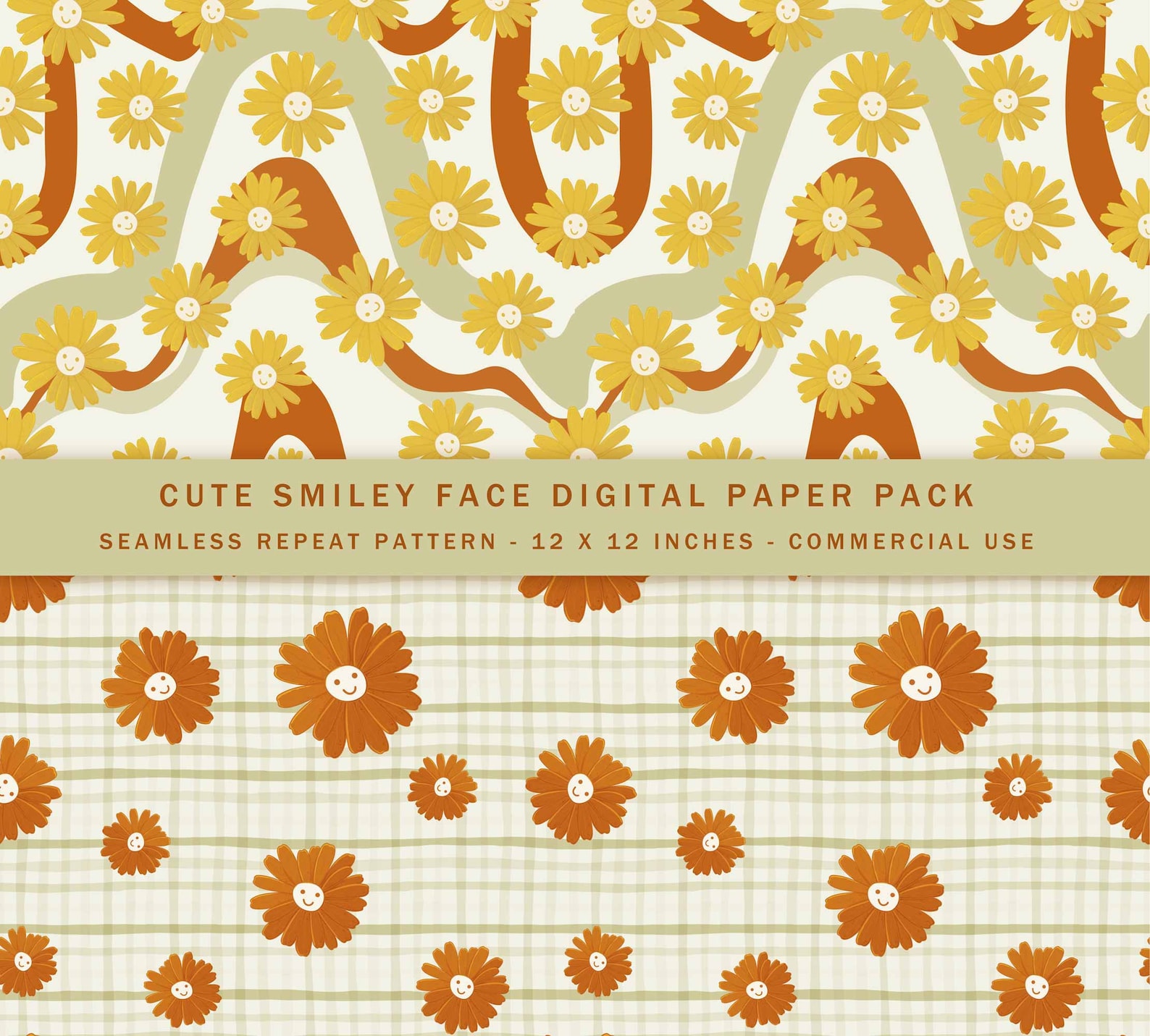 Groovy Smile Digital Paper Pack: Retro Happy Smiley Face Seamless ...