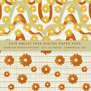 Groovy Smile Digital Paper Pack: Retro Happy Smiley Face Seamless ...