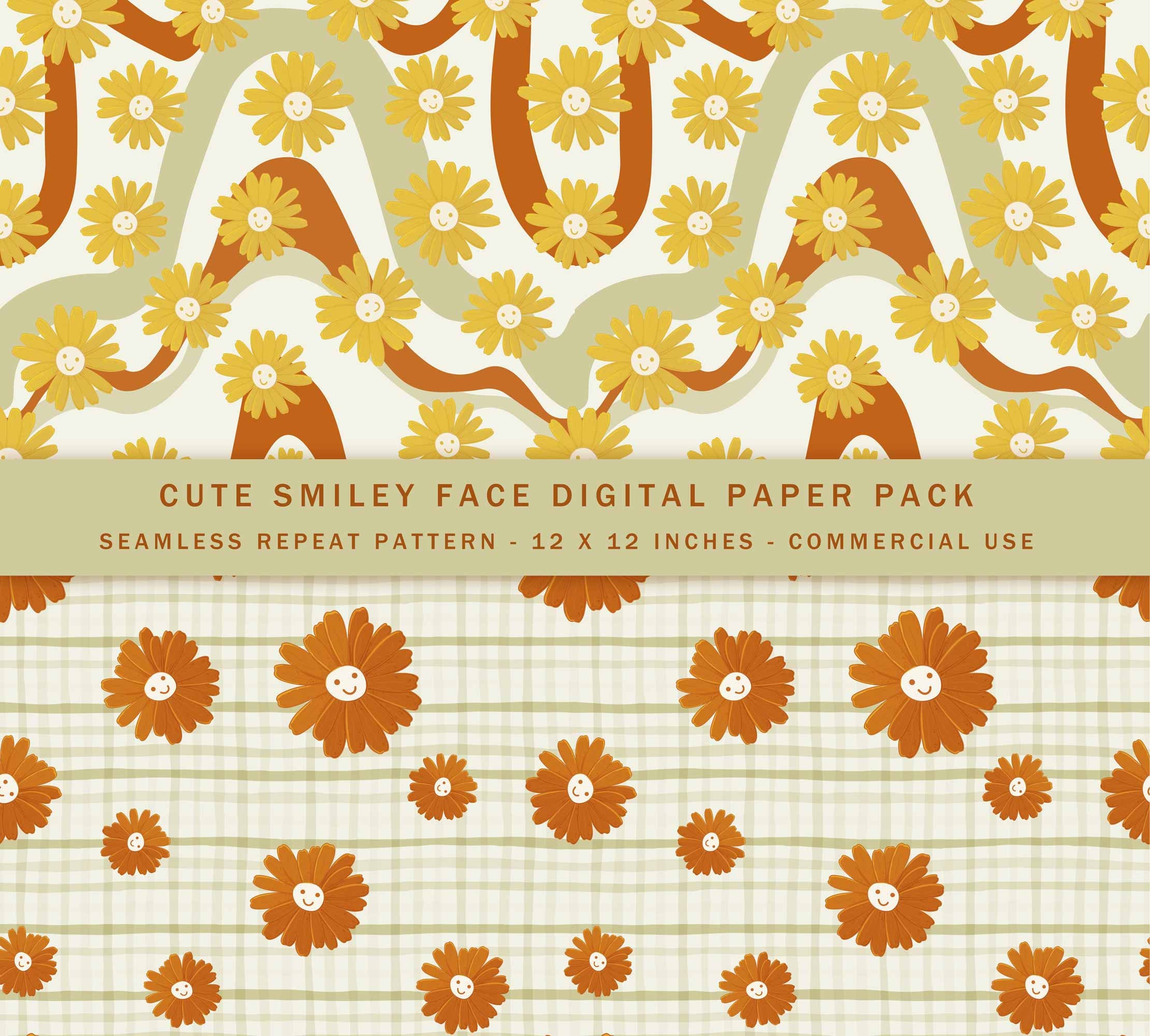 Groovy Smile Digital Paper Pack, Retro Happy Face Seamless Pattern ...