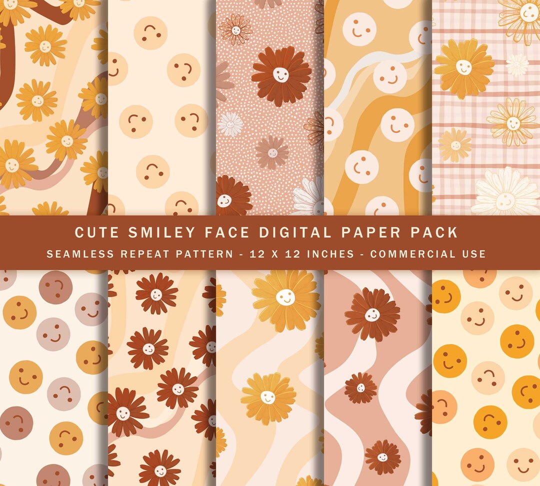 GROOVY SMILE Digital Paper Pack, Seamless Design Retro Happy Face ...