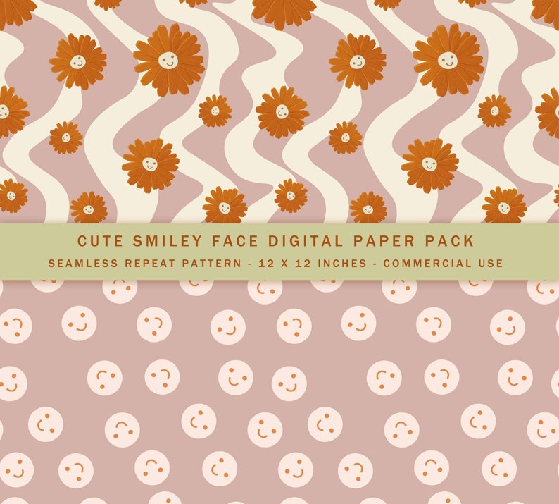 Groovy Smile Digital Paper Pack: Retro Happy Smiley Face Seamless ...