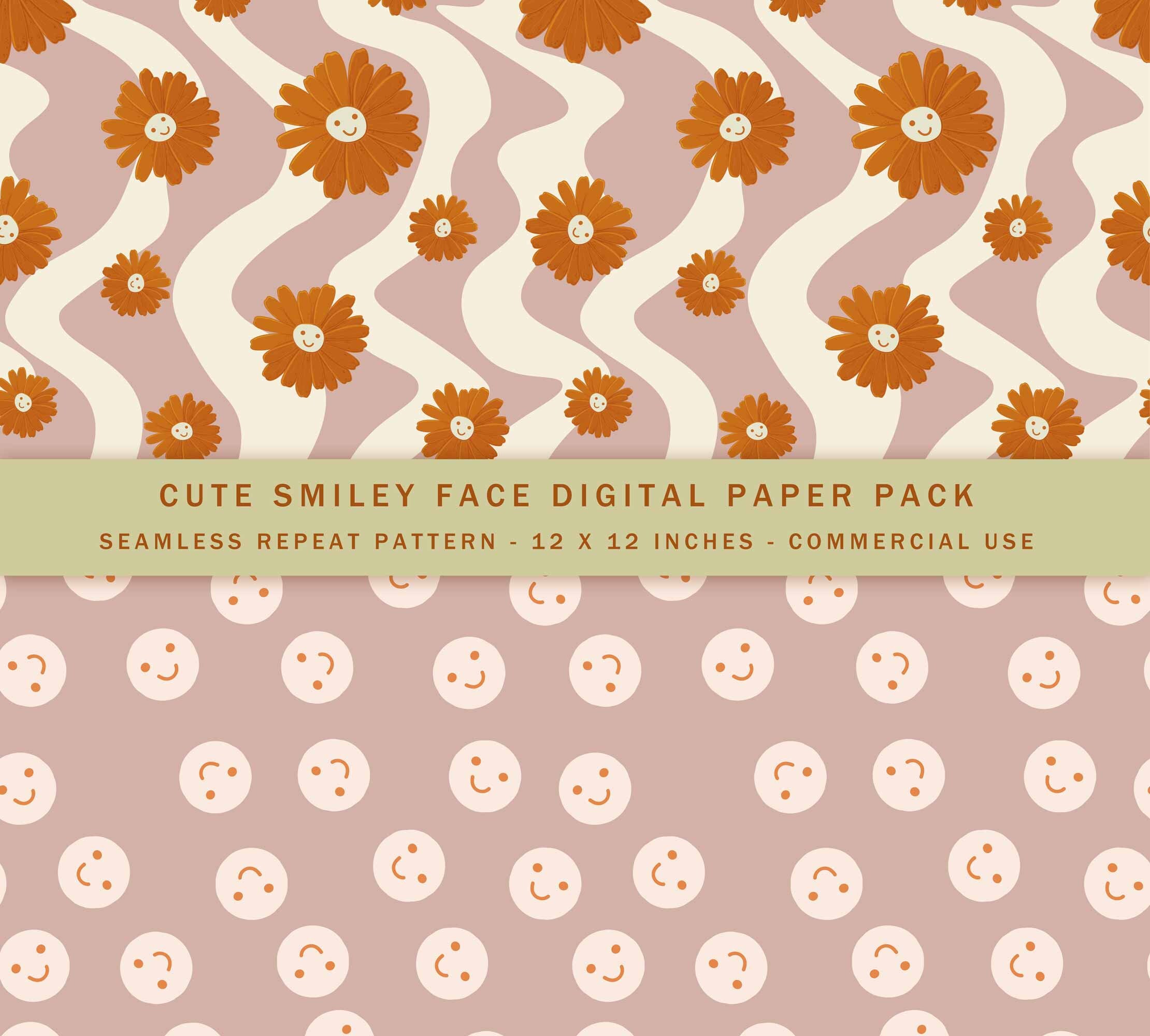 Groovy Smile Digital Paper Pack, Retro Happy Face Seamless Pattern ...