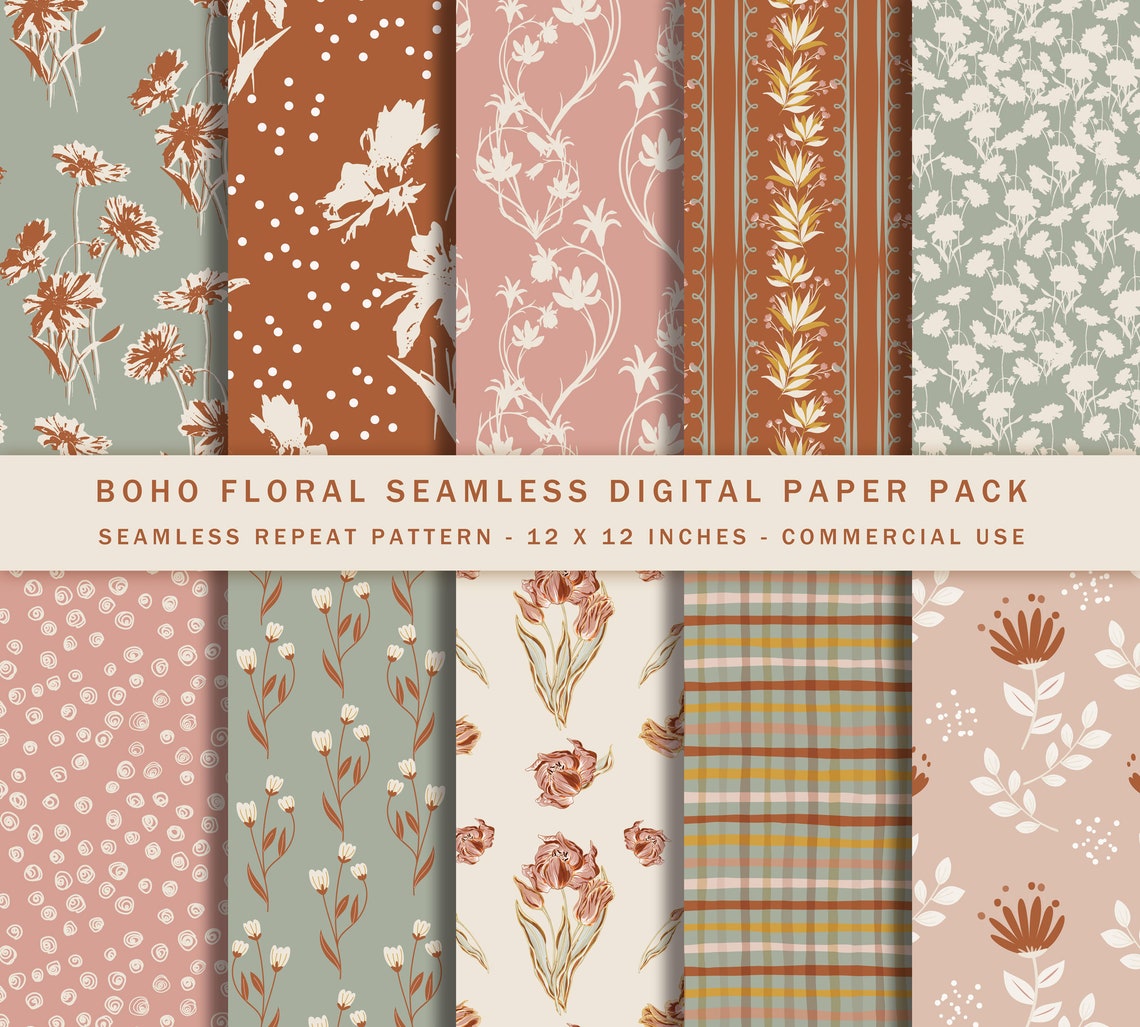 Boho Floral Digital Paper Seamless Pattern Spring Floral - Etsy
