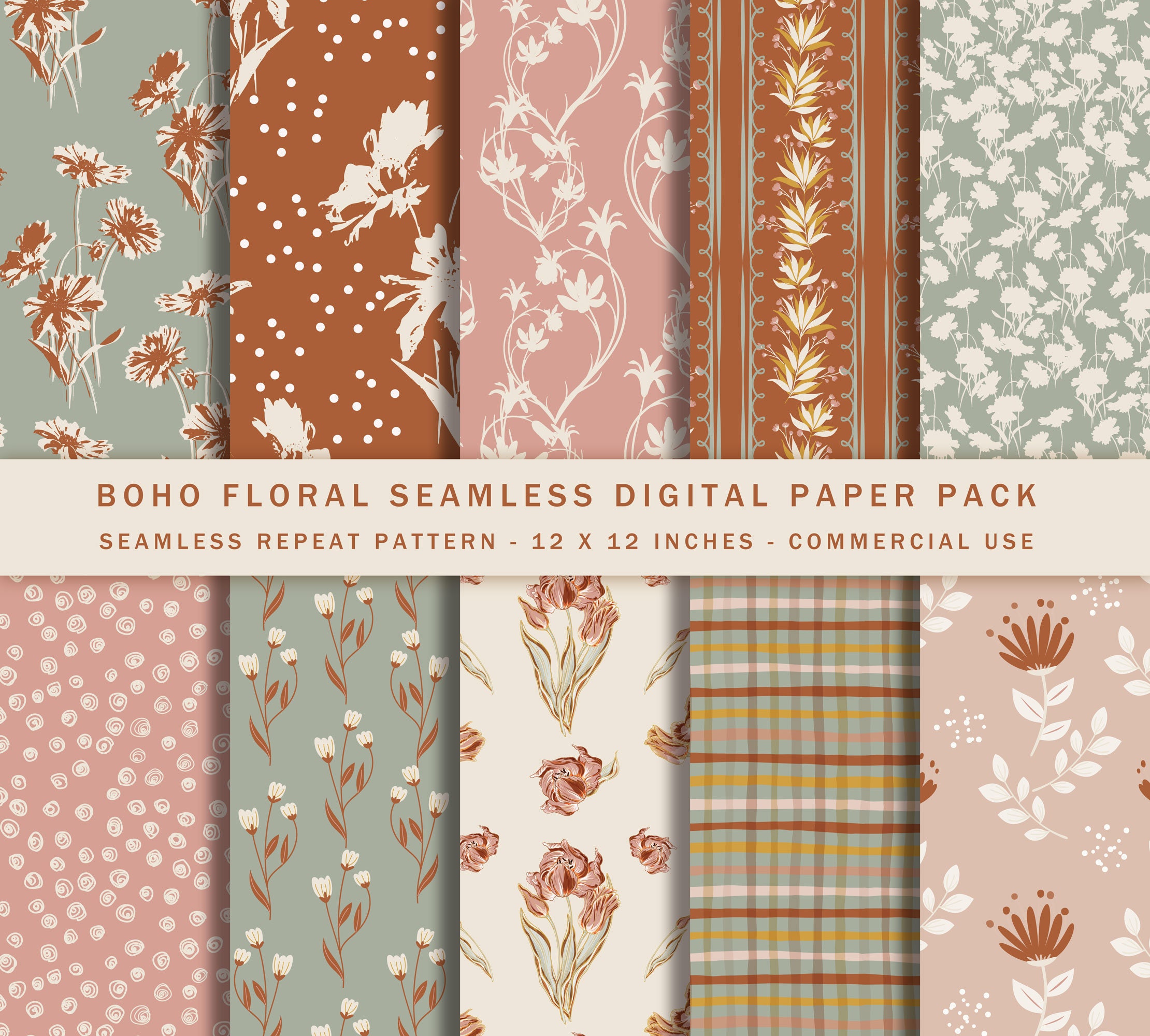 Boho Floral Digital Paper Seamless Pattern Spring Floral - Etsy