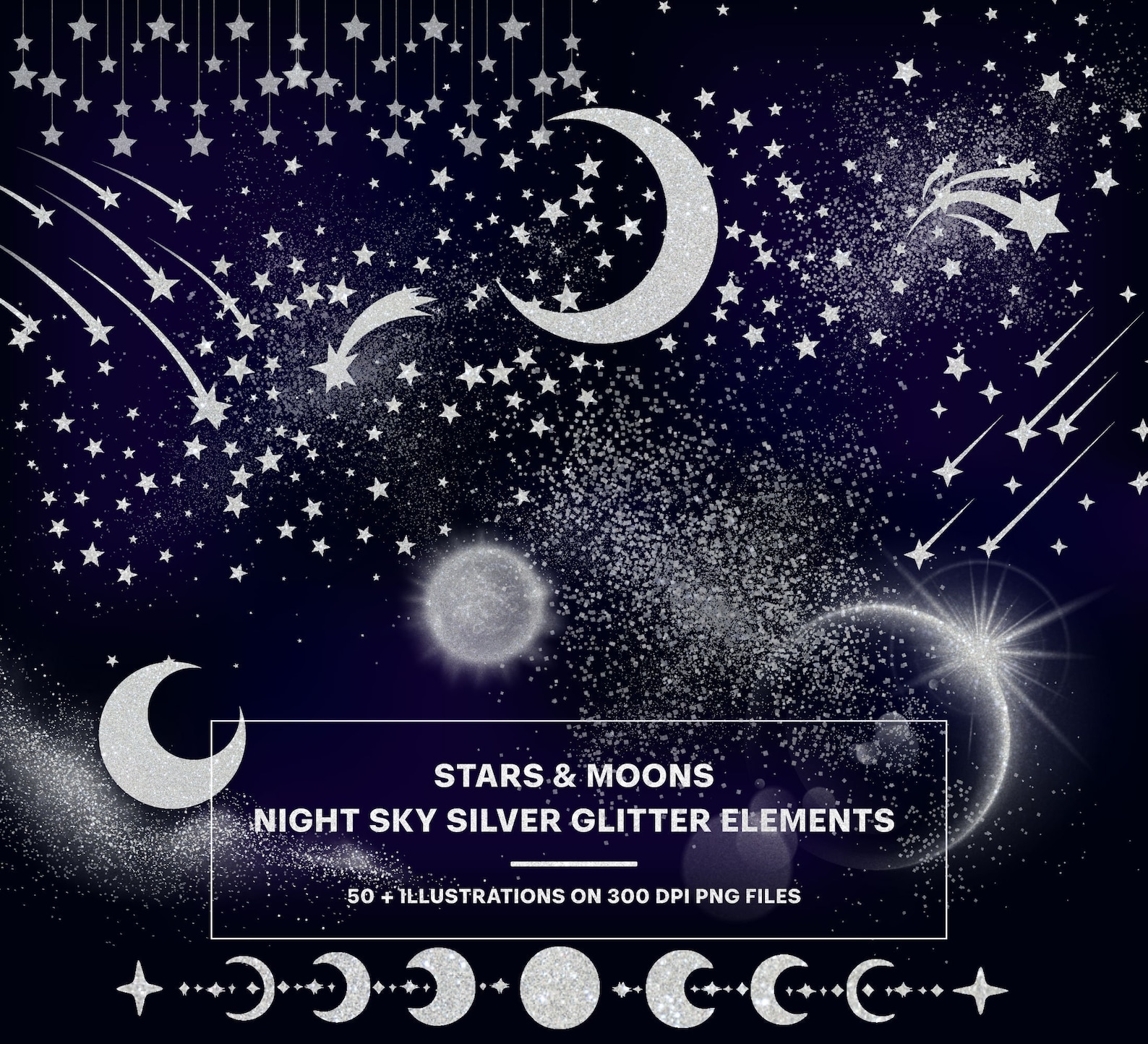 Silver Glitter Moon and Stars Clipart: Night Sky Overlays (PNG) - Etsy