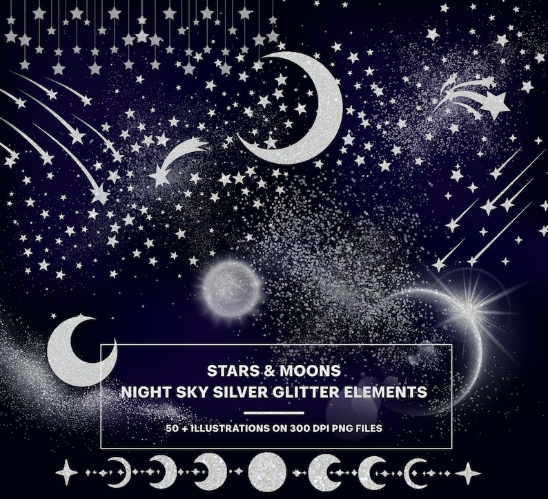 50 Night Sky Overlays PNG, Silver Glitter Moon Stars Clipart Digital ...