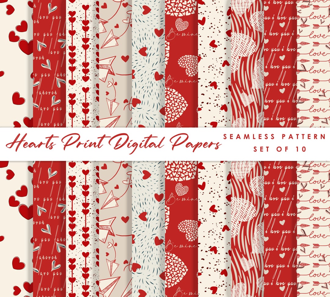 10 Valentine Hearts Seamless Digital Paper Pack, Scrapbook Paper, Heart ...
