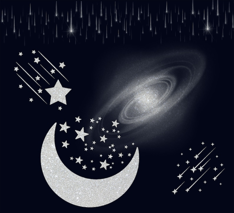 Silver Glitter Moon and Stars Clipart: Night Sky Overlays (PNG) - Etsy