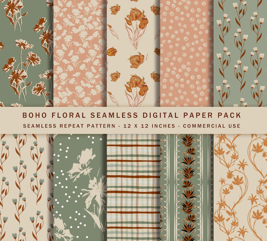 Spring Seamless Pattern Boho Digital Paper Pack, Spring Floral, Spring ...
