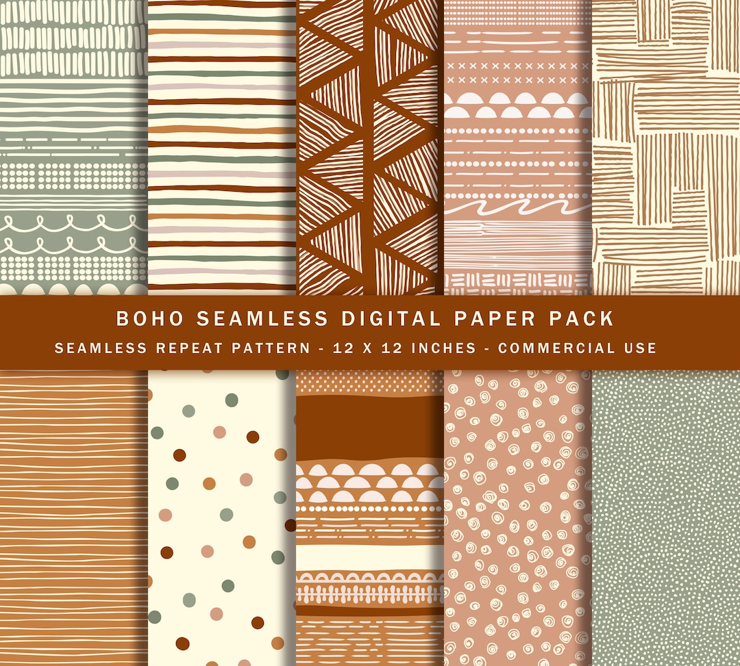 Boho Doodle Digital Paper Pack, Boho Seamless Pattern, Boho Scandi ...