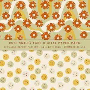 Groovy Smile Digital Paper Pack: Retro Happy Smiley Face Seamless ...