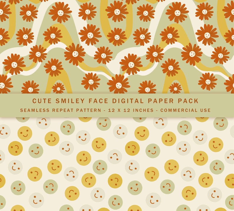 Groovy Smile Digital Paper Pack: Retro Happy Smiley Face Seamless ...
