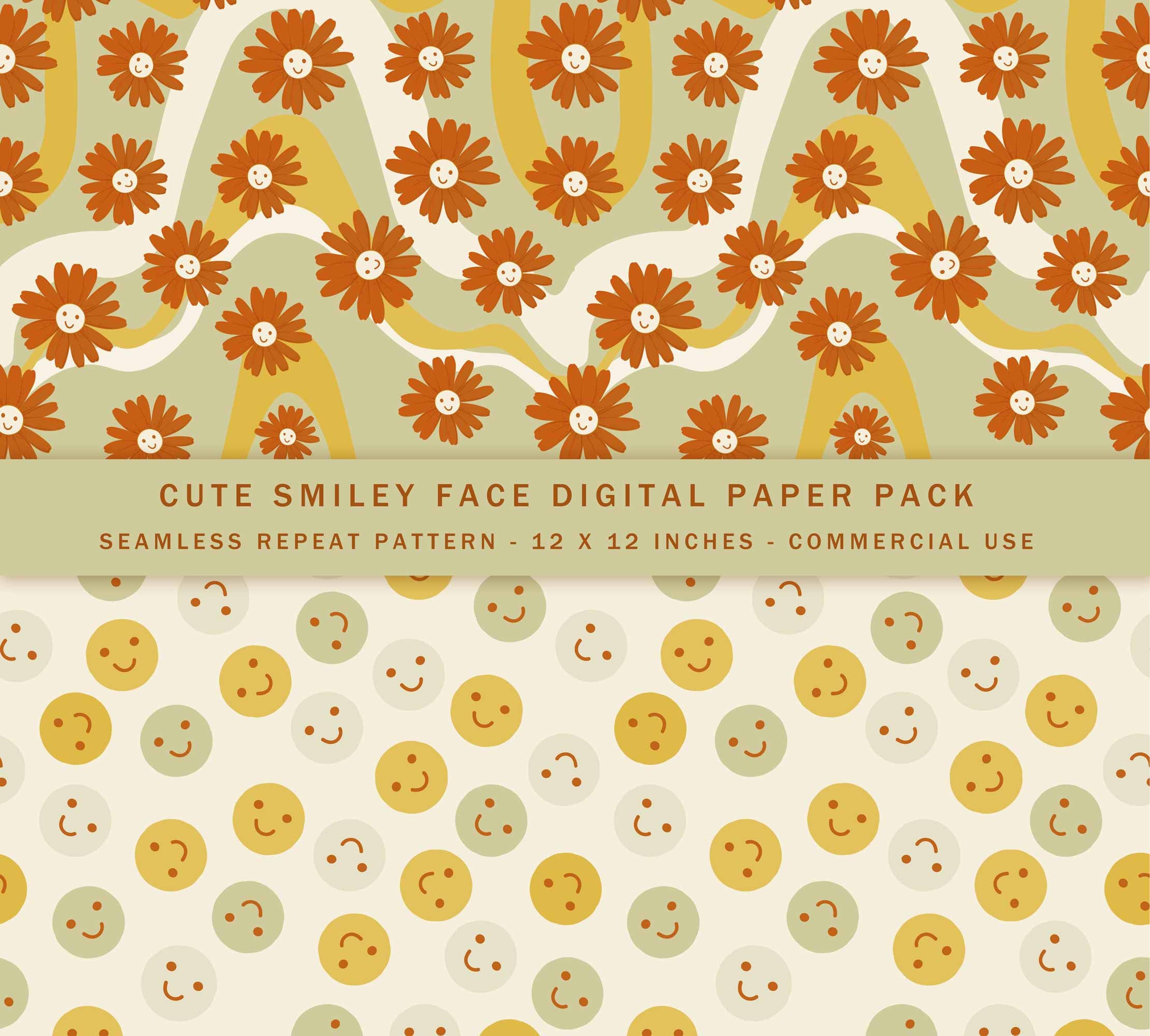 Groovy Smile Digital Paper Pack, Retro Happy Face Seamless Pattern ...