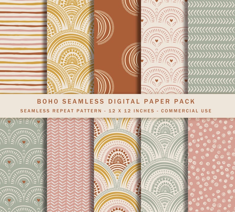 Seamless Boho Digital Paper Pack, Boho Print, Boho Decor Print, Boho ...
