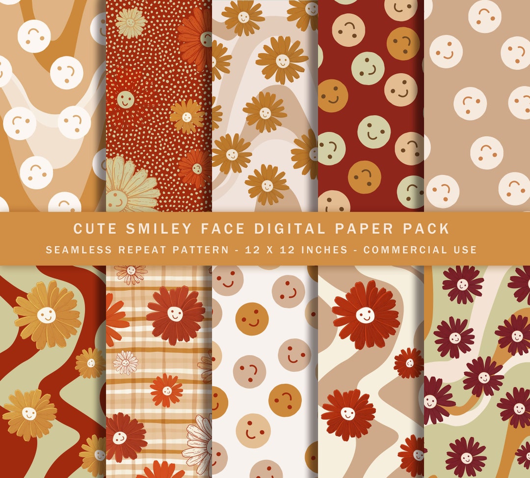 Boho Smiley Face Digital Paper Pack: Seamless Commercial Prints (12x12 ...