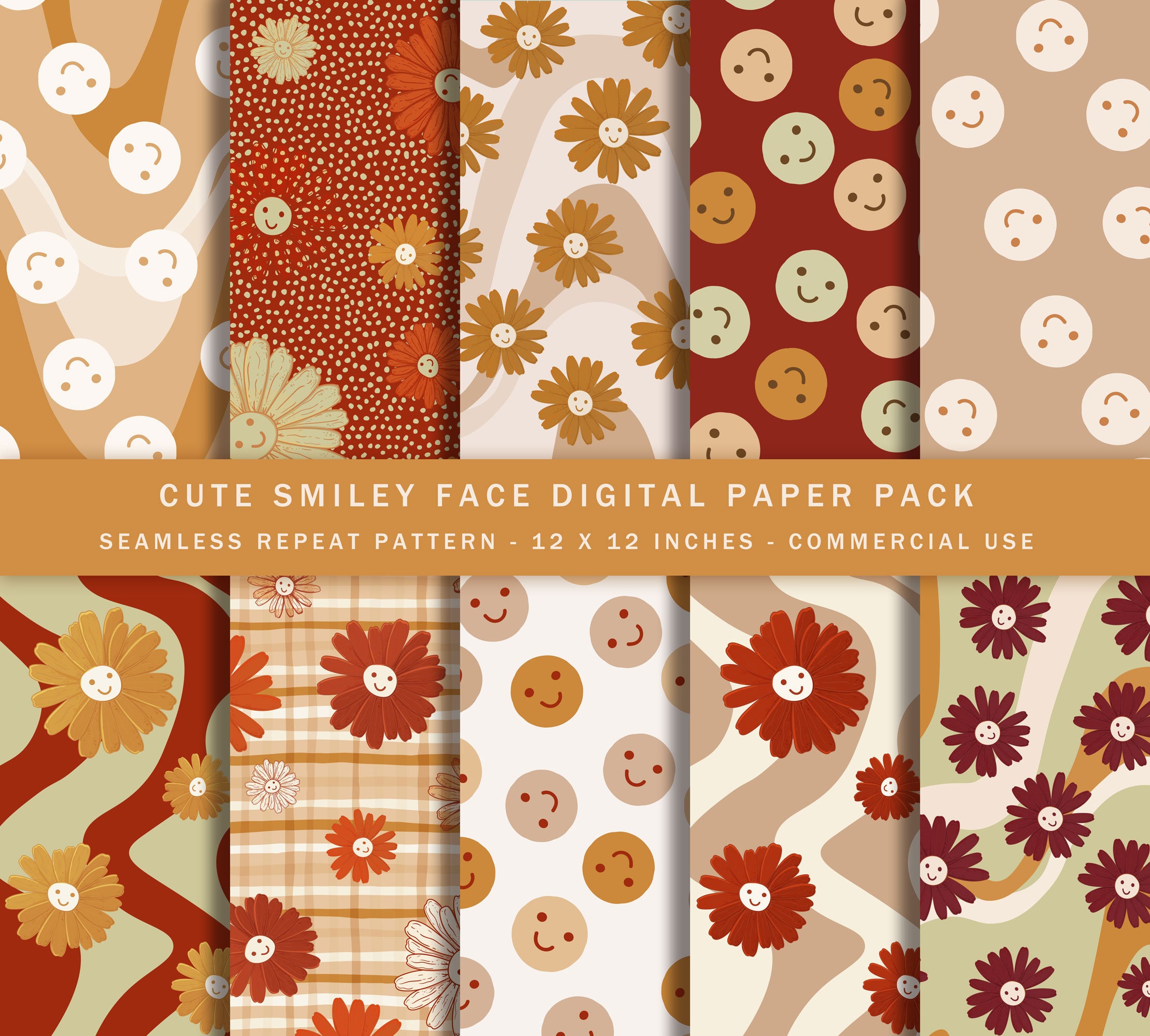 Boho Smiley Face Digital Paper Pack: Seamless Commercial Prints (12x12 ...