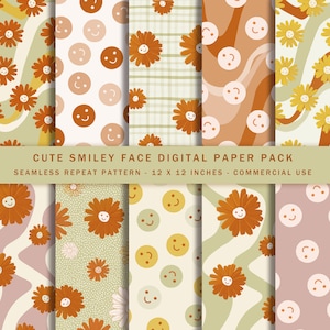 Groovy Smile Digital Paper Pack: Retro Happy Smiley Face Seamless ...