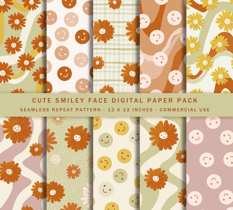 Groovy Smile Digital Paper Pack: Retro Happy Smiley Face Seamless ...