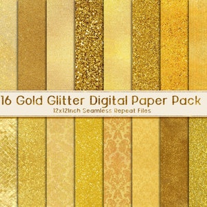 16 Gold Glitter Digital Paper Pack, Party Decor, Gold Texture, Golden ...