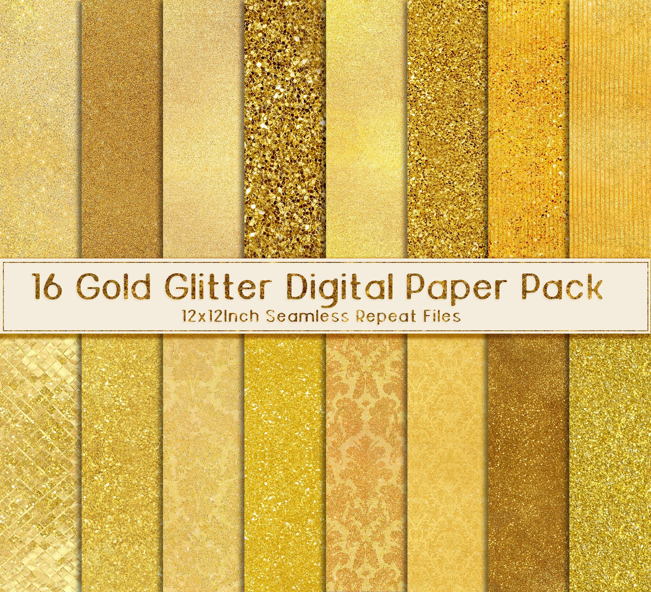 16 Gold Glitter Digital Paper Pack, Party Decor, Gold Texture, Golden ...