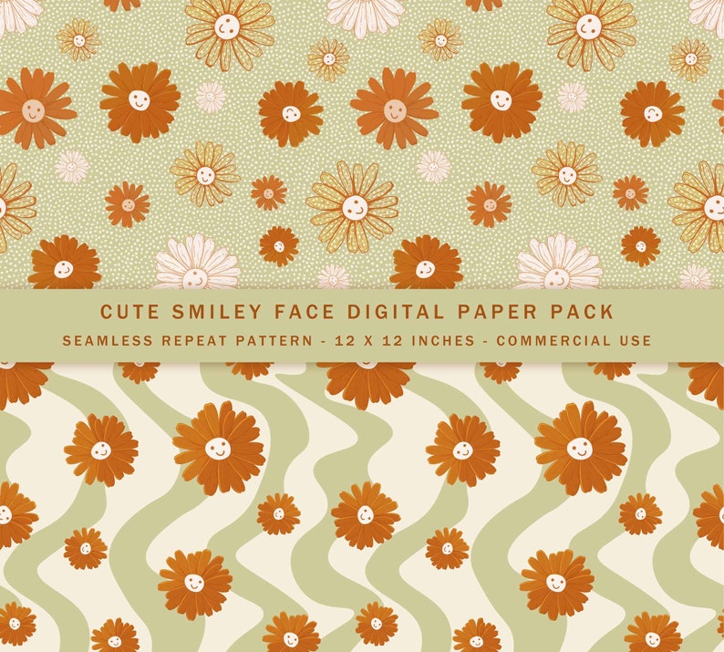 Groovy Smile Digital Paper Pack: Retro Happy Smiley Face Seamless ...