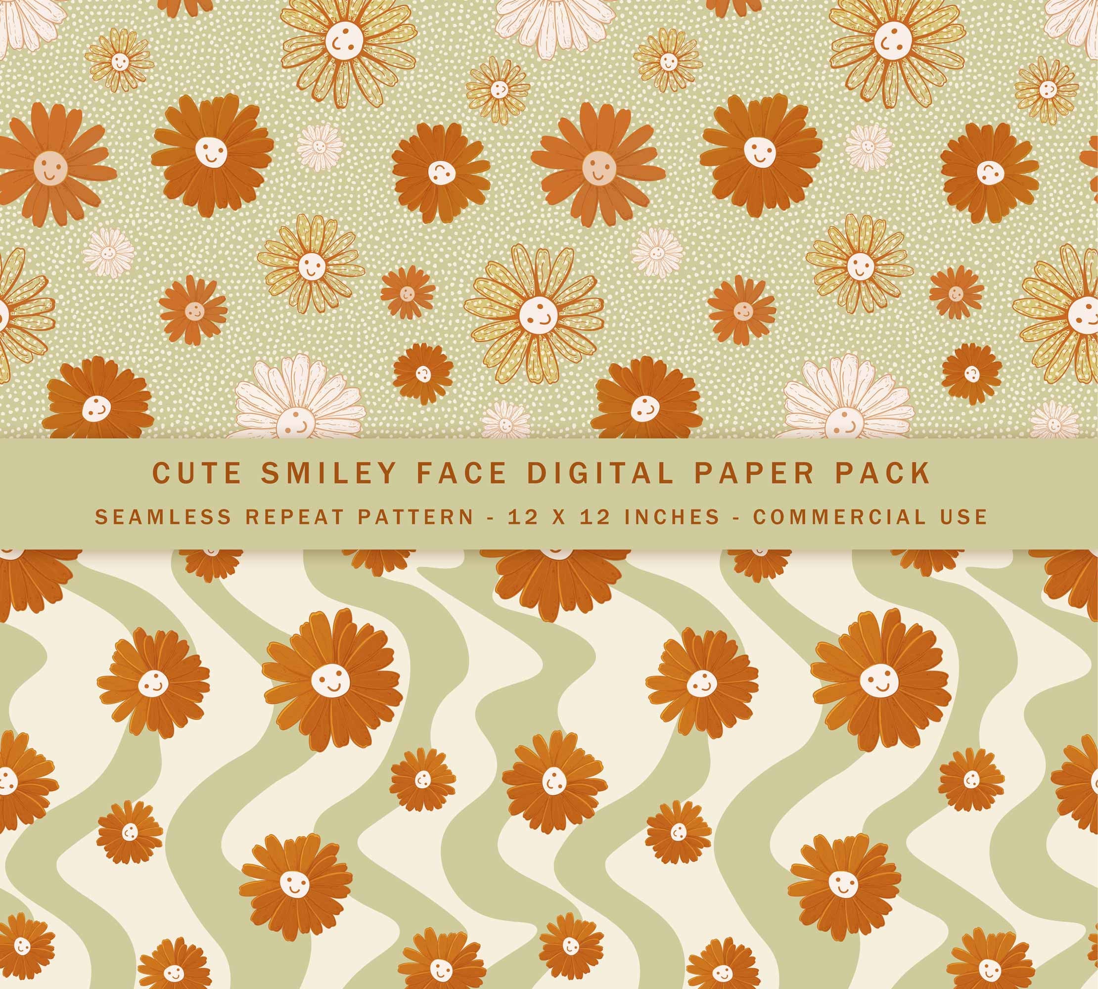 Groovy Smile Digital Paper Pack, Retro Happy Face Seamless Pattern ...