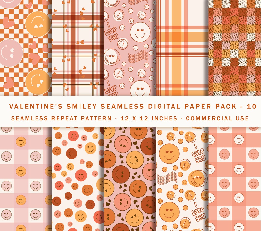 10 VALENTINE RETRO Digital Paper Pack, Happy Face Retro Valentine ...