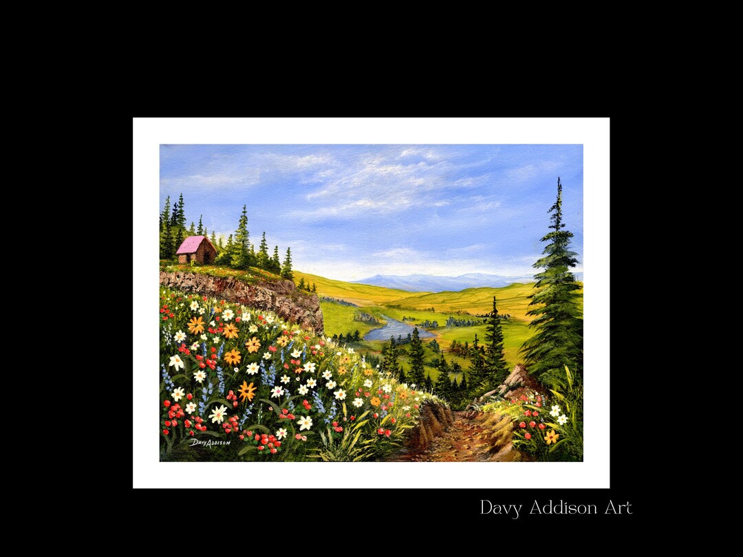 Rustic Log Cabin Art Print Nature Inspired Wall Art Wildflower Field ...