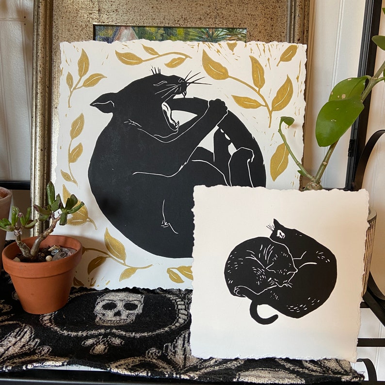 Double Snuggle Cat Print - Black, Original Linocut Print, Wall Art, 6 ...