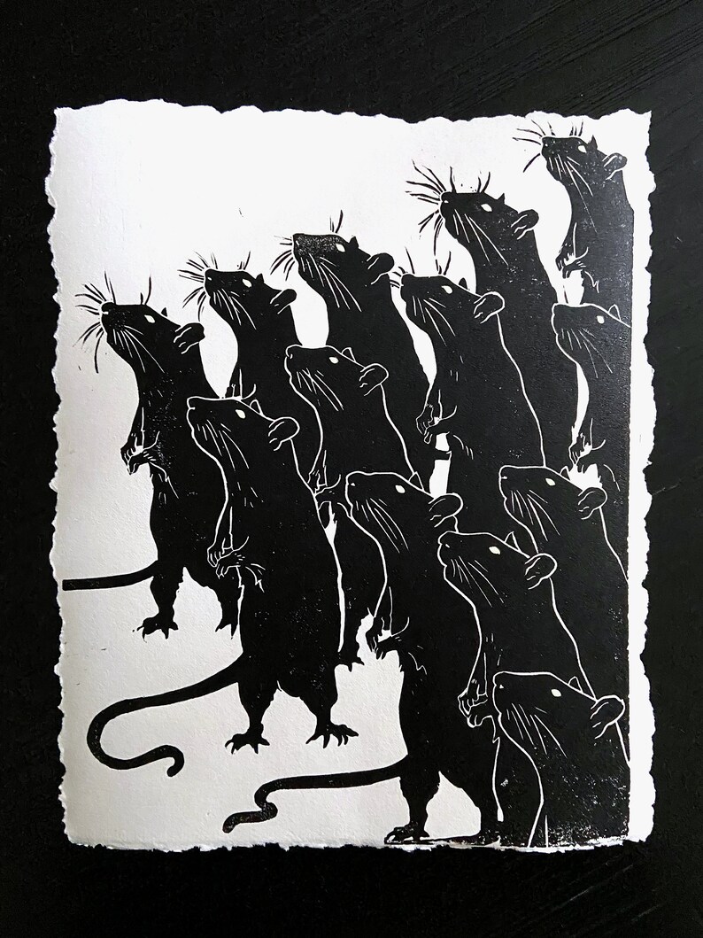 A Mischief | Rats | Glows in the Dark| Original Linocut Print | 8" X 10 ...