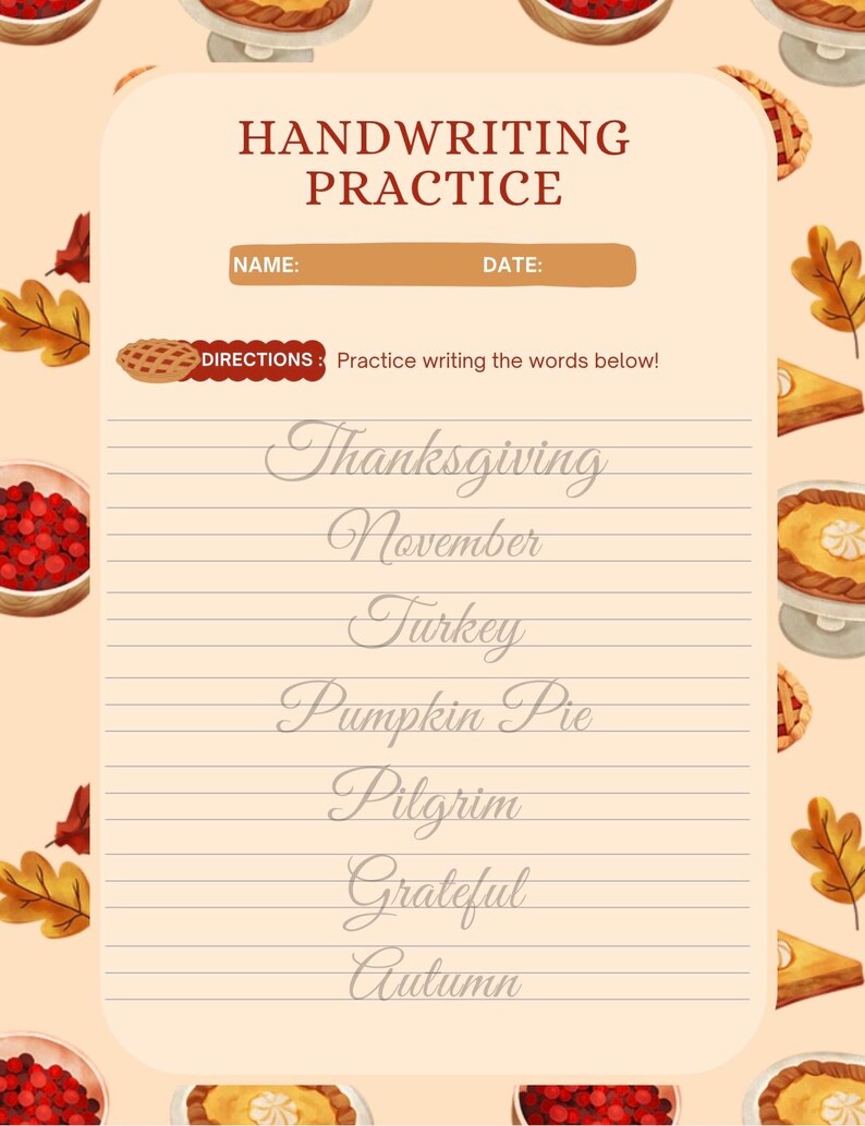 Thanksgiving Cursive Handwriting Practice Worksheet, Fall Activity (PDF ...