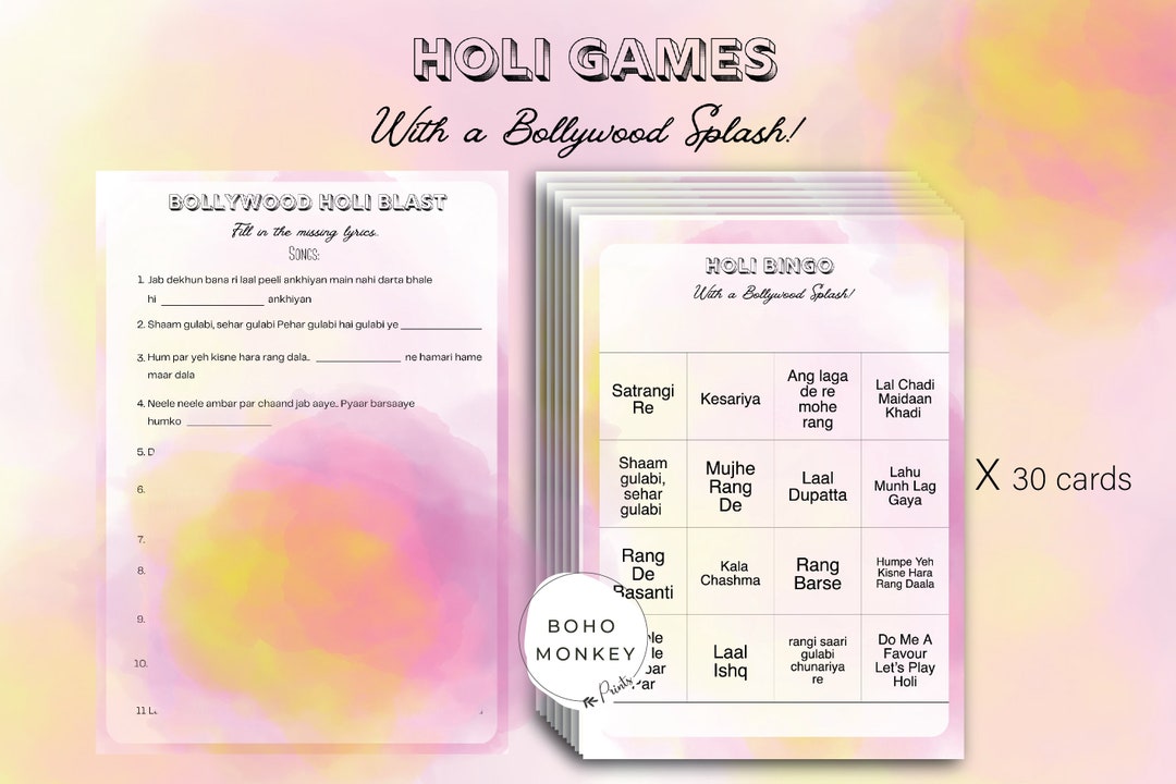 Holi Games Bollywood Holi Songs Bingo Fill in the Missing Lyrics Sing ...