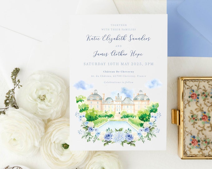 Venue Illustration Wedding Invitation, Blue Hydrangea Wedding ...