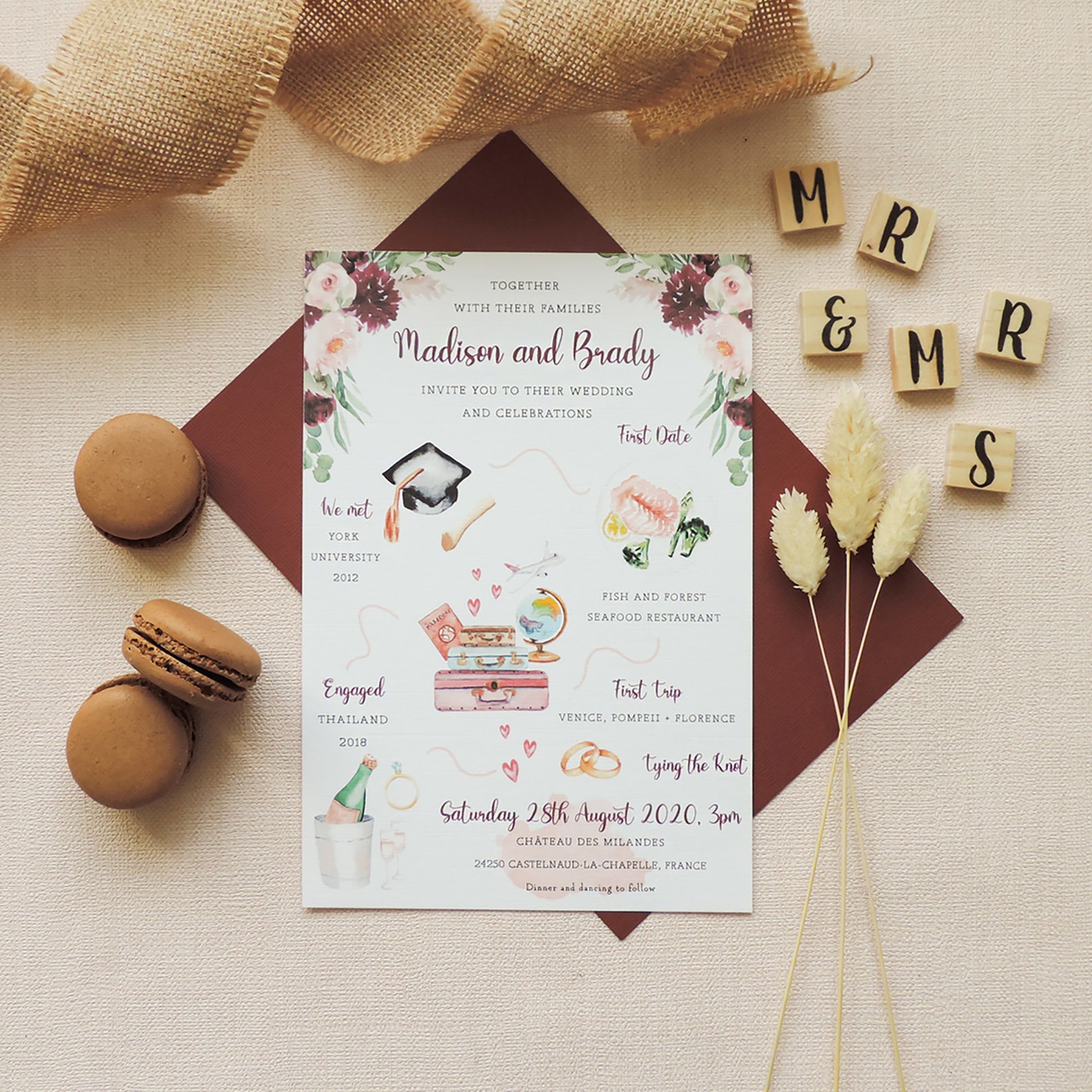 Illustrated Love Story Wedding Invitation Set, Wedding Timeline, Hand ...