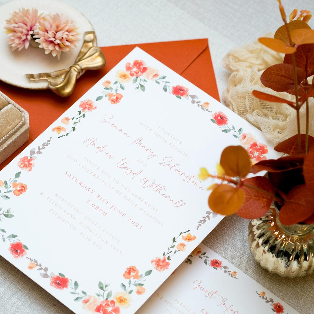 Burnt Orange Wedding Invites, Orange Wedding Invitation With Flowers ...