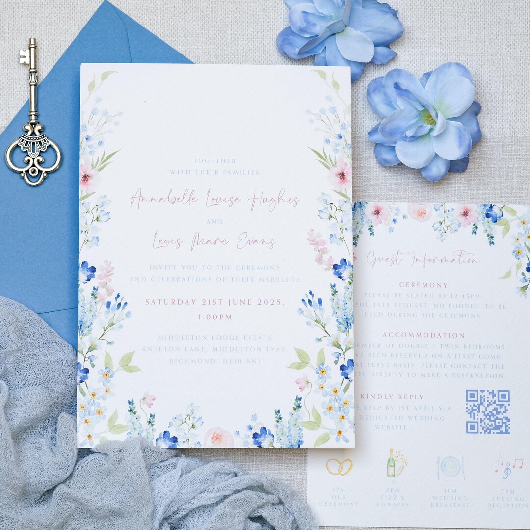 Blue Wildflower Wedding Invitation, Blue Floral Wedding Invitation Set ...