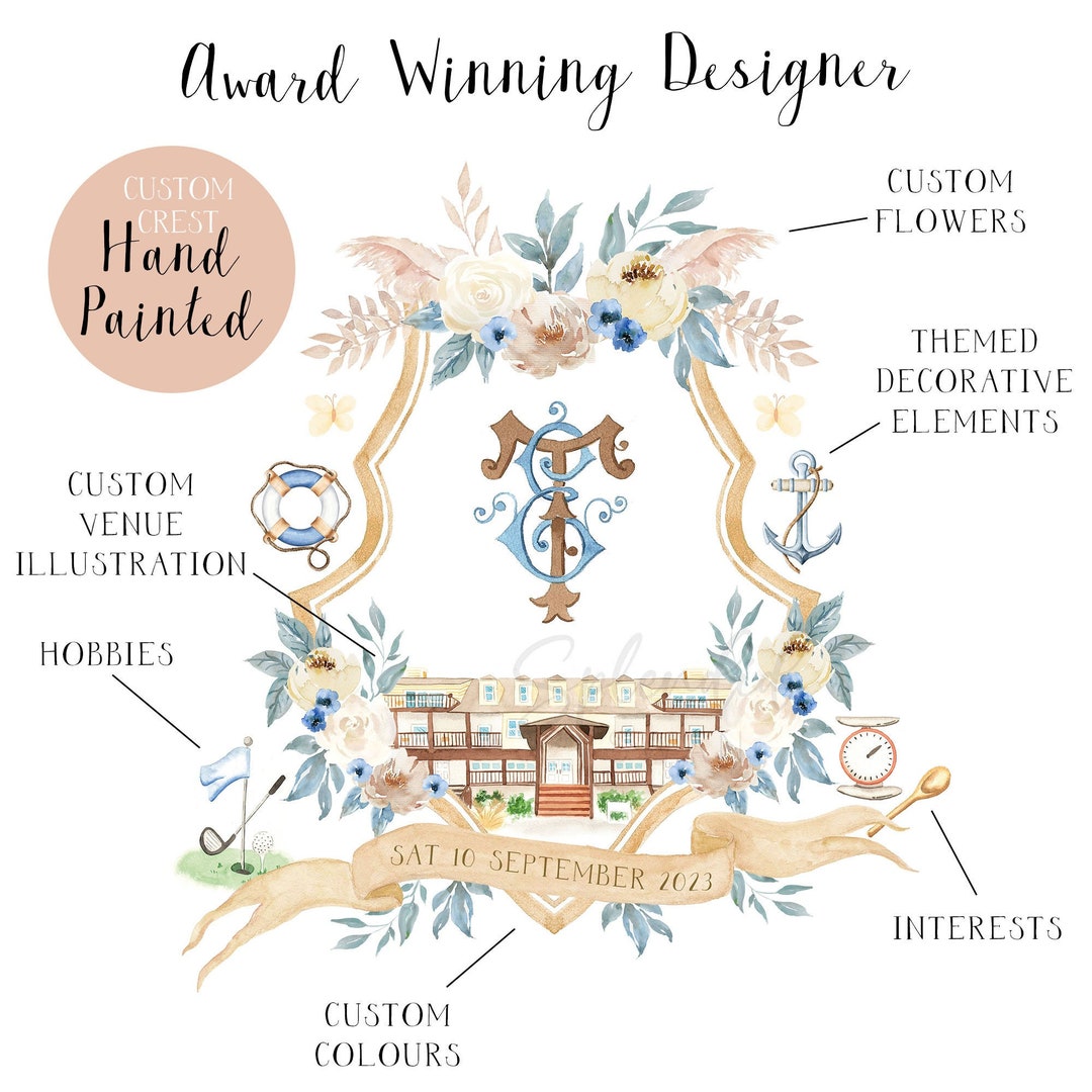 Wedding Crest Design, Custom Crest With Venue Illustration, Watercolor ...
