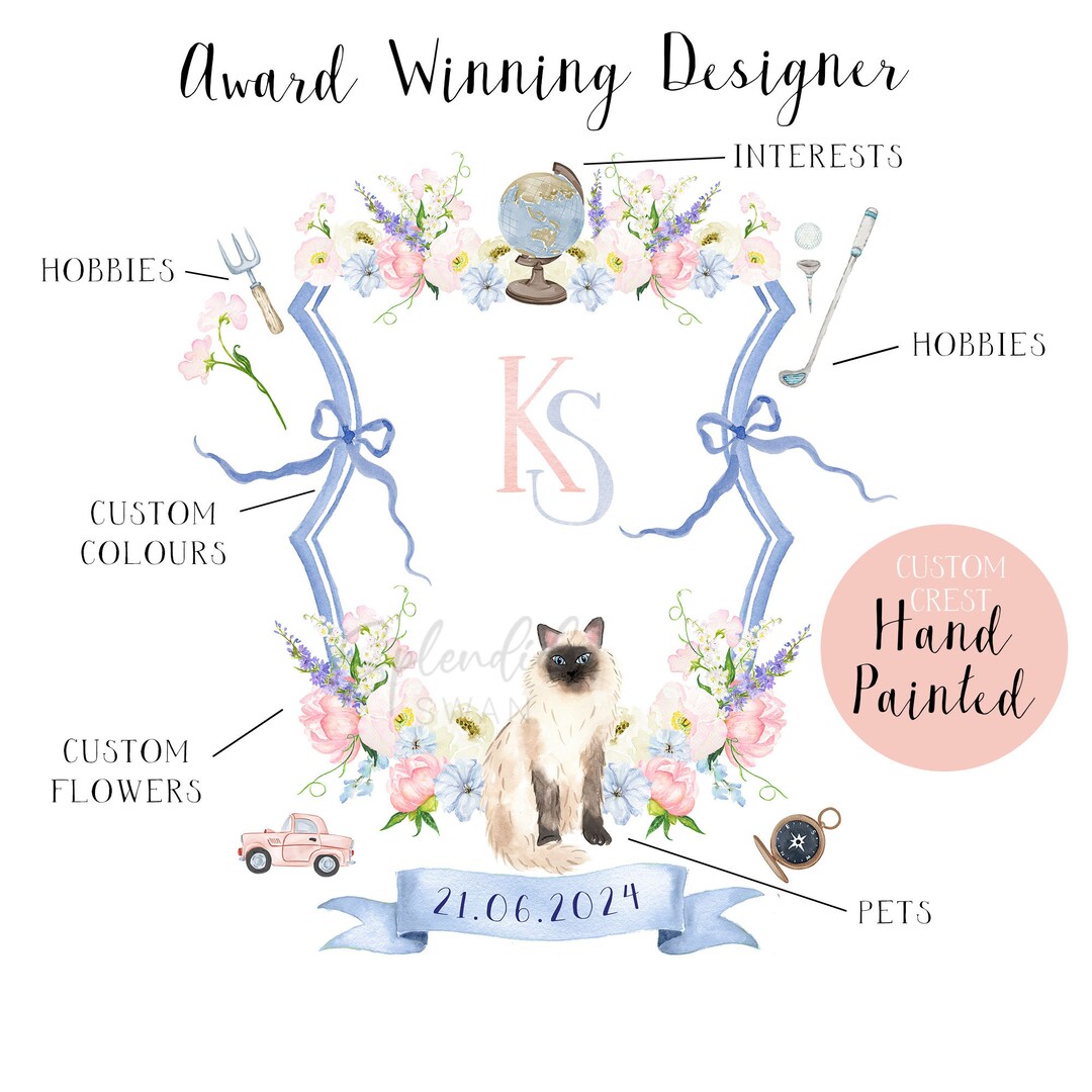 Custom Wedding Crest With Dogs, Pet Monogram Watercolor, Couples ...