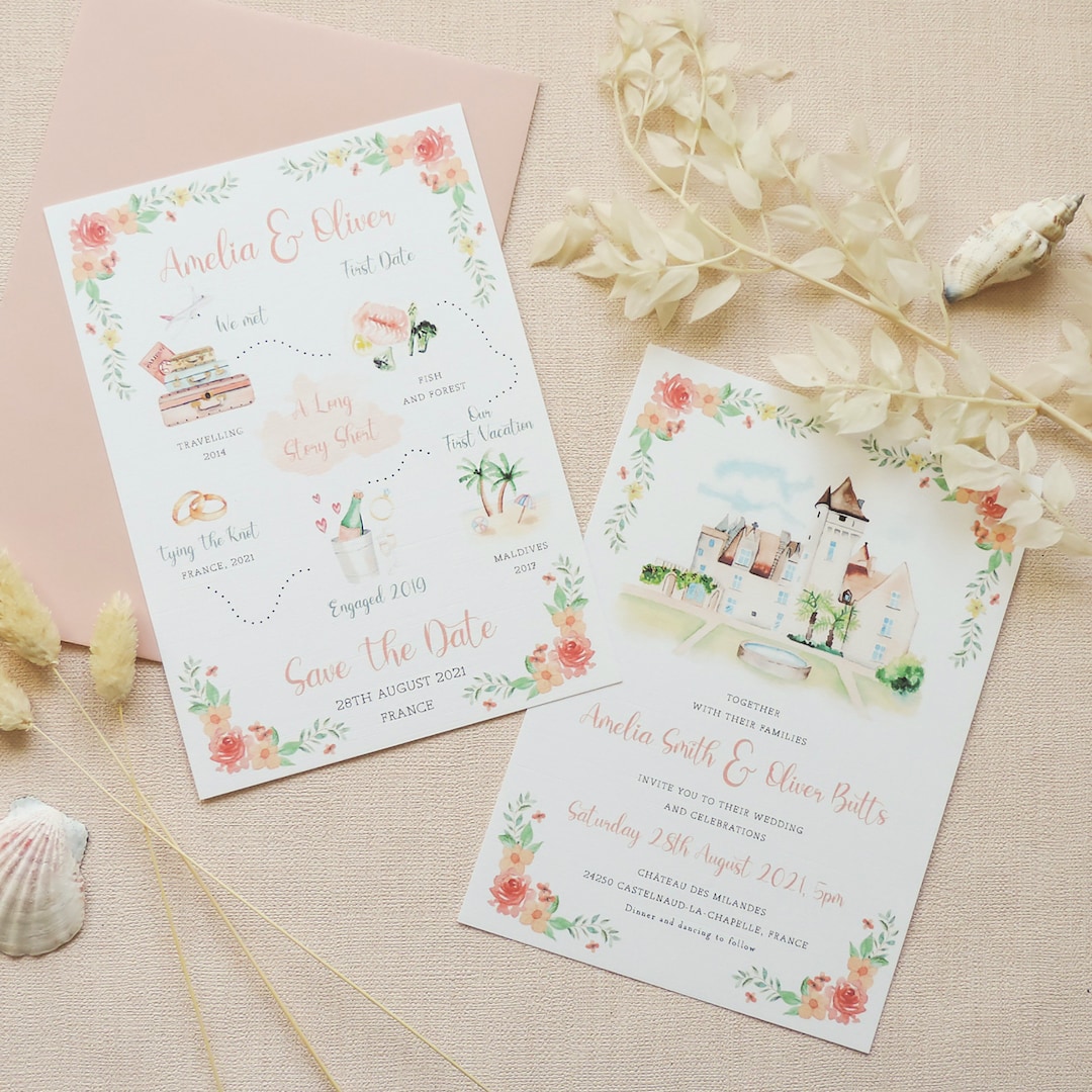 Illustrated Love Story Wedding Invitation Set, Wedding Timeline, Hand ...
