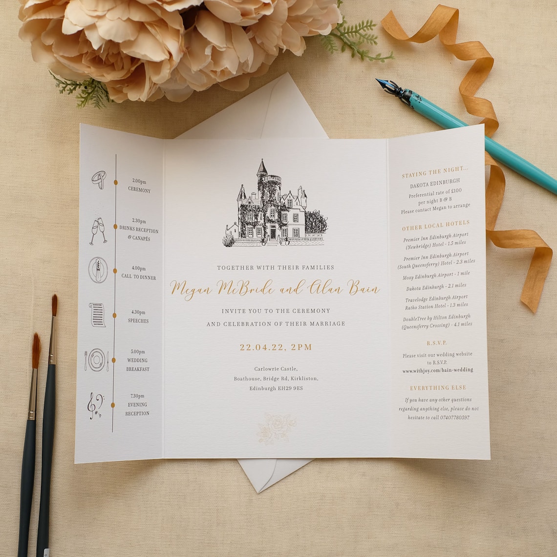 Folded Wedding Invite Castle Wedding Invitation Venue - Etsy UK