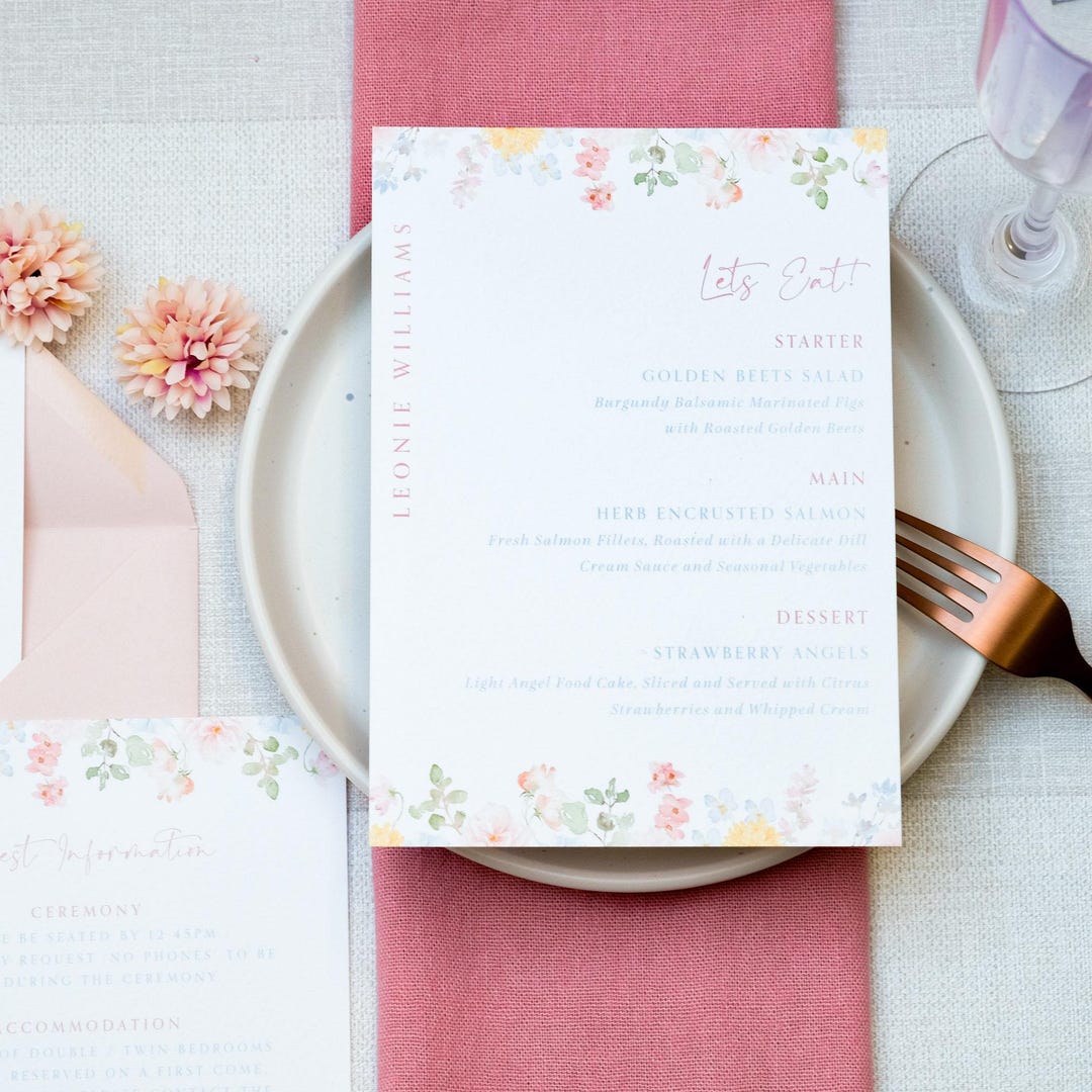 Wildflower Wedding Menu With Name, Floral Wedding Menu With Guest Name ...