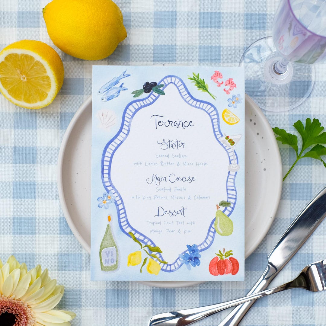 Illustrated Wedding Menu Blue, Hand Painted Wedding Menu Italian Style ...